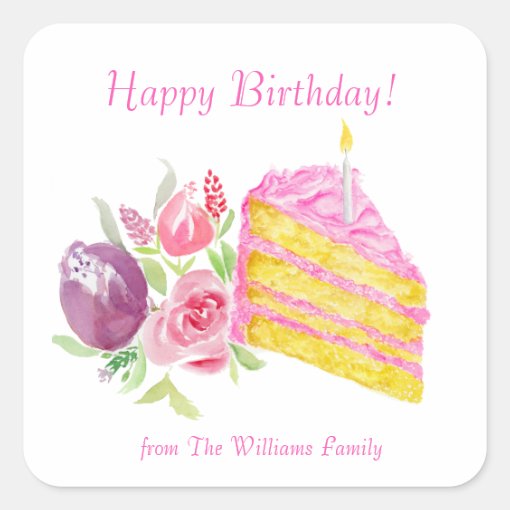 Watercolor Pink Frosting Birthday Cake Square Sticker | Zazzle