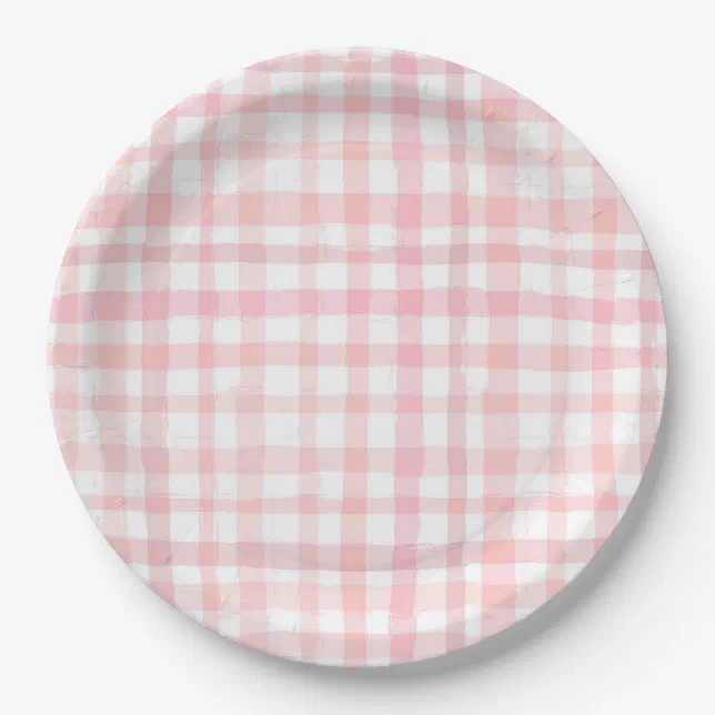 Watercolor Pink Gingham Paper Plates | Zazzle