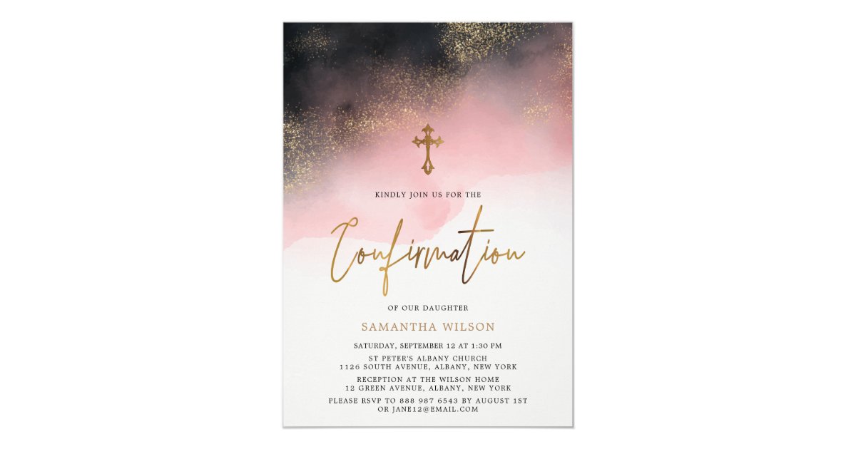 Watercolor Pink & Gold Confirmation Invitation | Zazzle.com