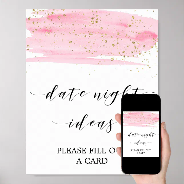 Watercolor Pink & Gold Date Night Ideas Sign | Zazzle