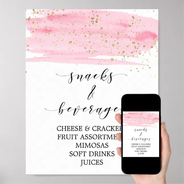 Watercolor Pink & Gold Snacks and Beverages Sign | Zazzle
