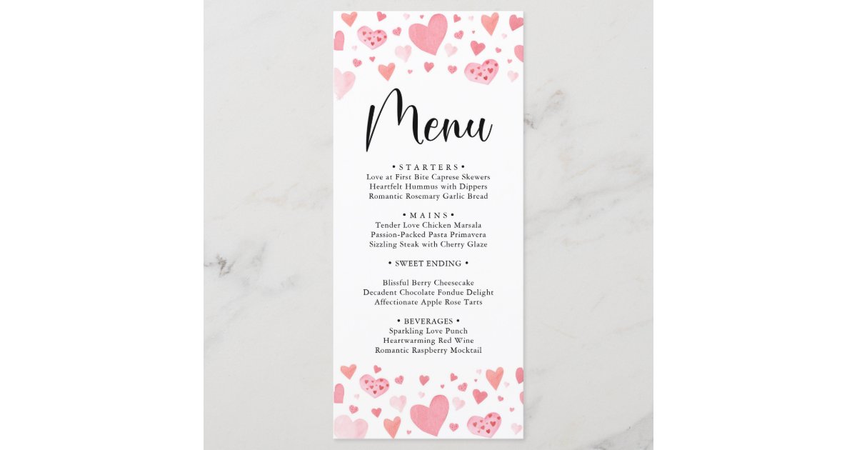 Watercolor Pink Hearts Valentines Day Menu Card | Zazzle