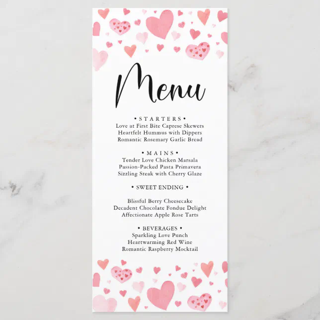 Watercolor Pink Hearts Valentines Day Menu Card | Zazzle