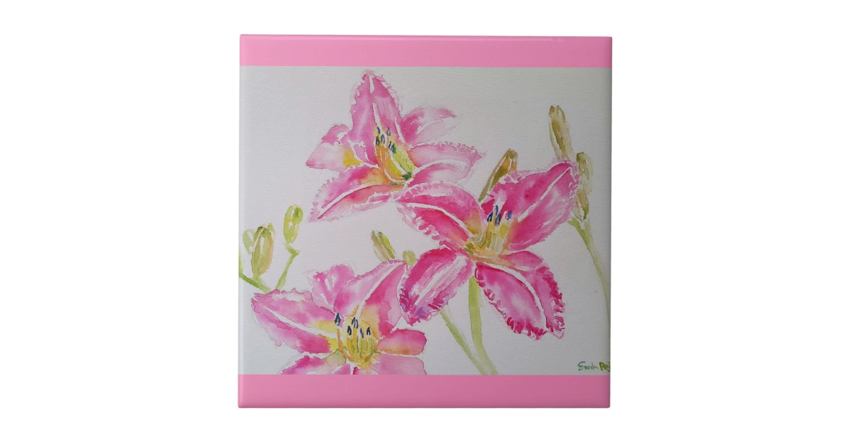 Watercolor Pink Lily Flower Floral Ceramic Tile | Zazzle