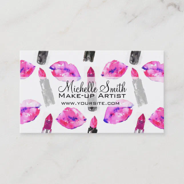 Watercolor pink lips lipstick pattern makeup business card | Zazzle