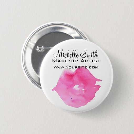 Watercolor pink lips makeup branding pinback button | Zazzle