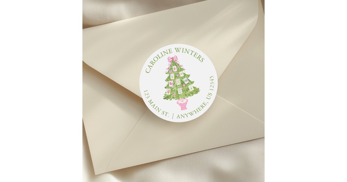 Watercolor Pink Mahjong Christmas Tree Address Classic Round Sticker ...
