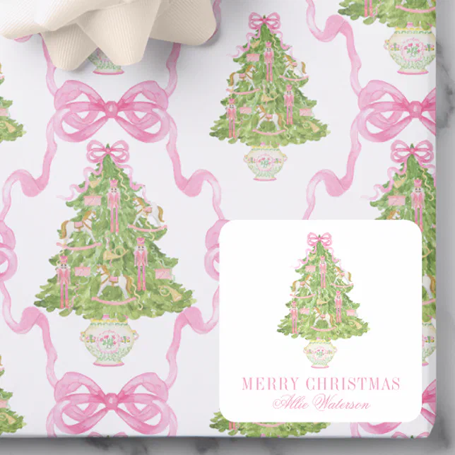 Watercolor Pink Nutcracker Tree Christmas Square Sticker | Zazzle