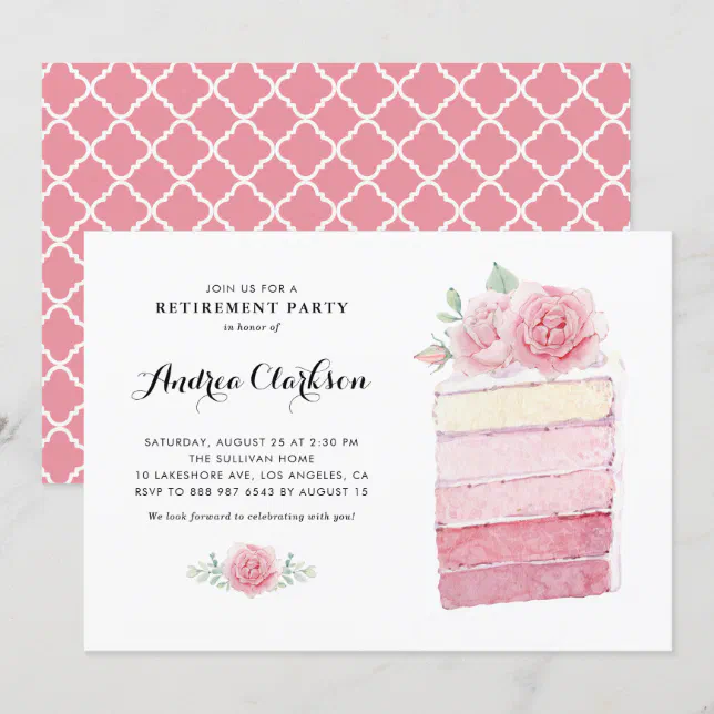 Watercolor Pink Ombre Cake Slice Retirement Party Invitation | Zazzle