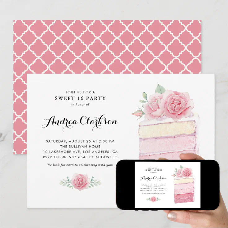 Watercolor Pink Ombre Cake Slice Sweet 16 Party Invitation | Zazzle
