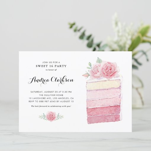 Watercolor Pink Ombre Cake Slice Sweet 16 Party Invitation | Zazzle