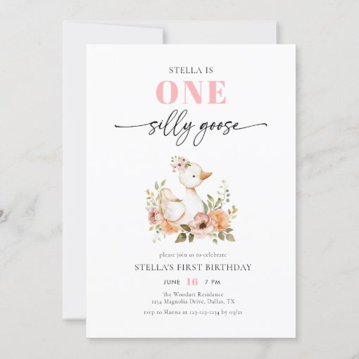 Watercolor Pink One Silly Goose Birthday Party Invitation | Zazzle