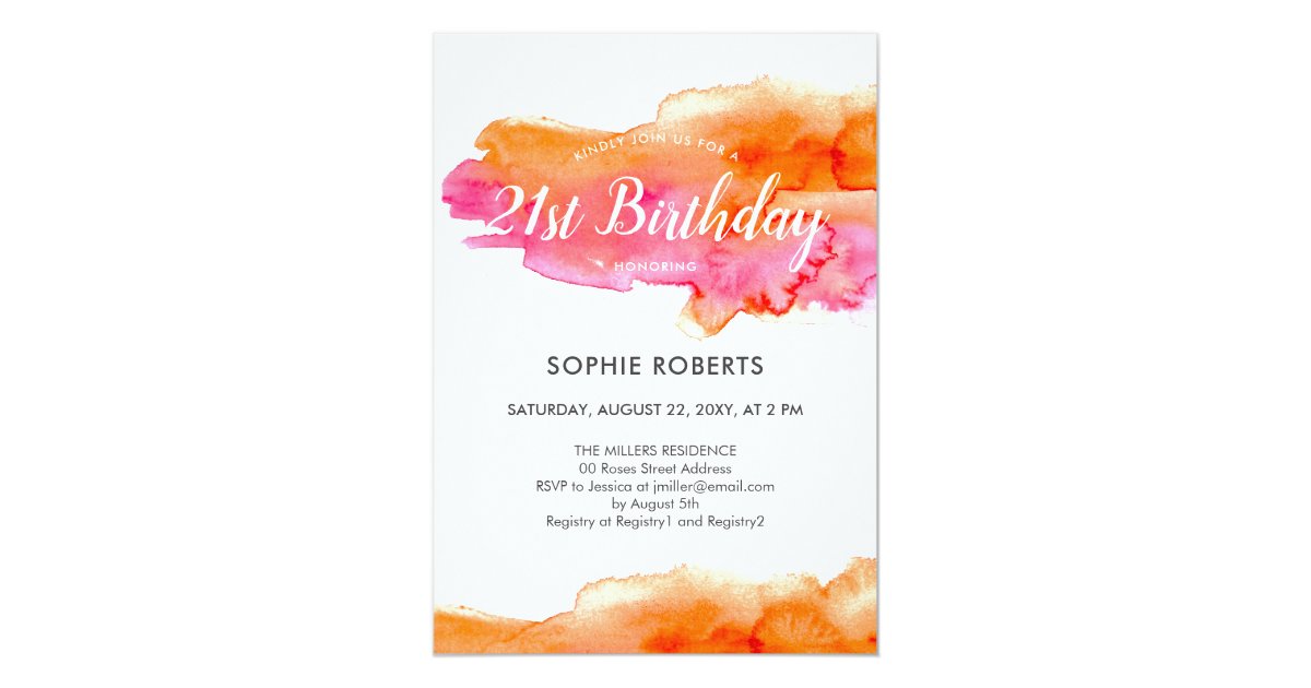 Watercolor Pink Orange Color Splash 21st Birthday Invitation | Zazzle.com