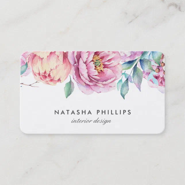 Watercolor Pink Peach Peonies Floral Business Card | Zazzle