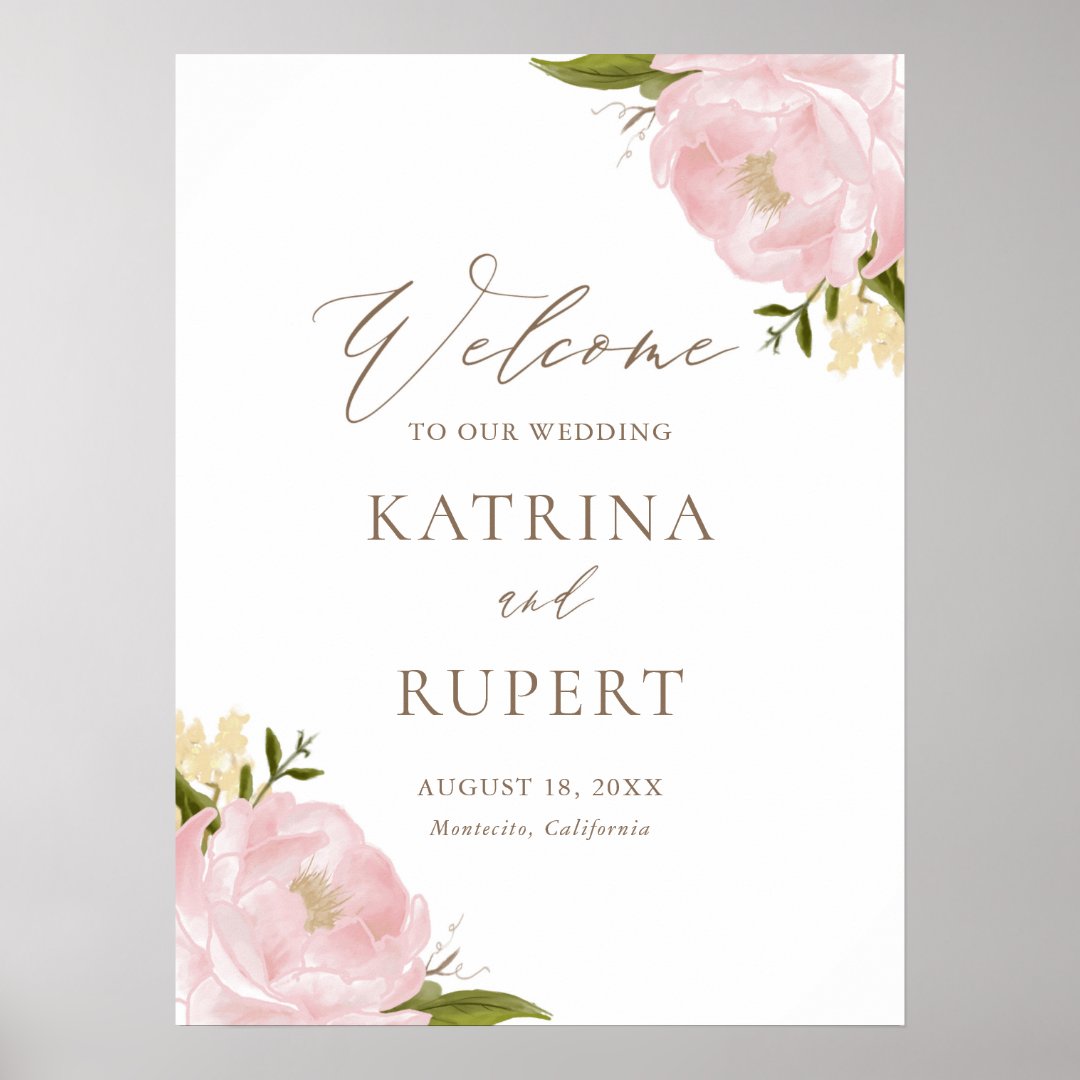 Watercolor Pink Peonies Wedding Welcome Sign | Zazzle