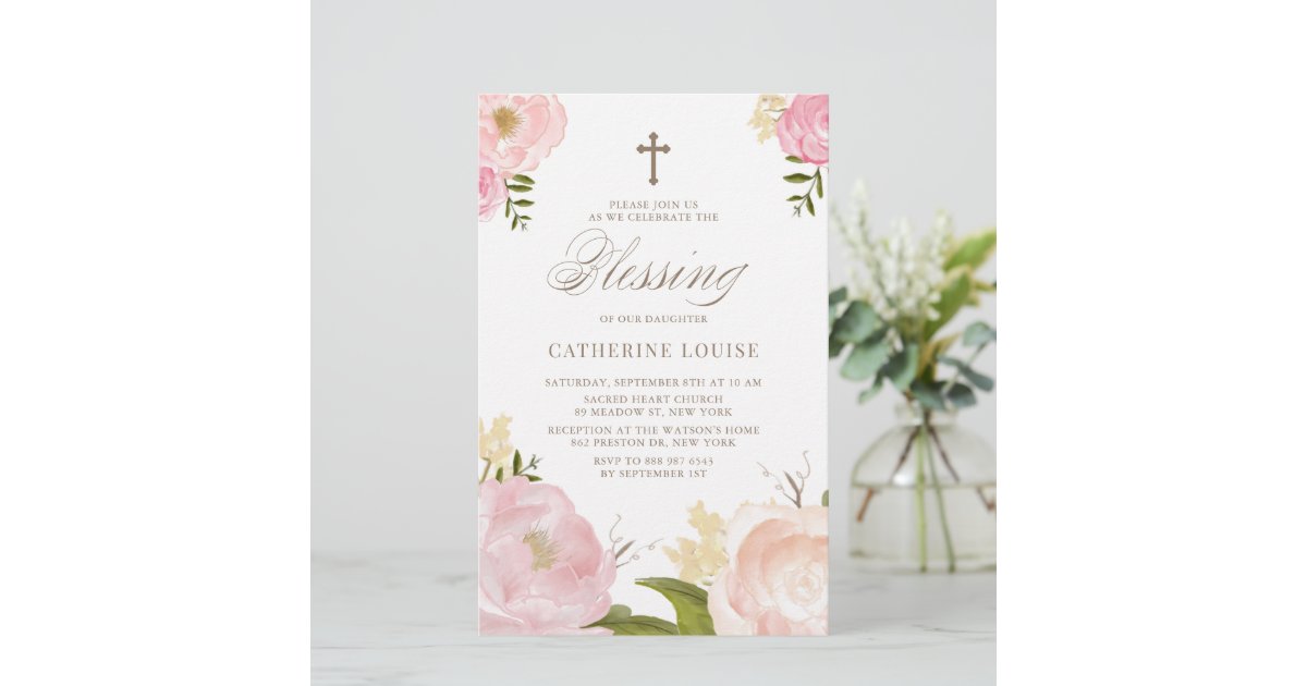 Watercolor Pink Peony Floral Baby Blessing Invite | Zazzle