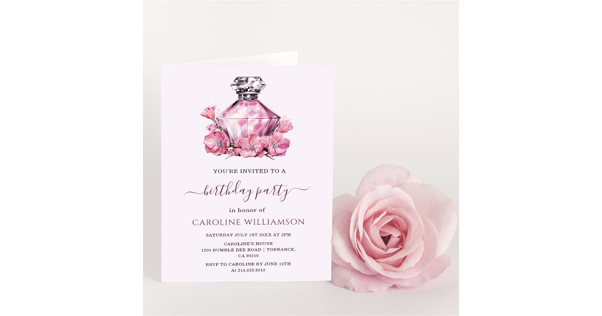 Watercolor Pink Perfume Flowers Birthday Invitation | Zazzle