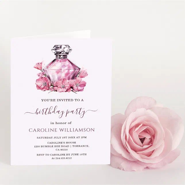 Watercolor Pink Perfume Flowers Birthday Invitation | Zazzle