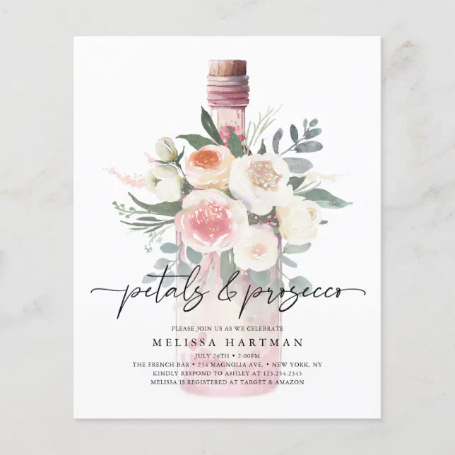 Watercolor Pink Petals & Prosecco Bridal Shower Flyer | Zazzle