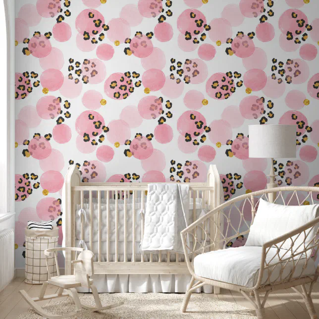 Watercolor Pink Polka Dots Leopard Print Nursery Wallpaper | Zazzle