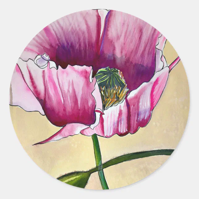 Watercolor pink poppy art flower classic round sticker | Zazzle