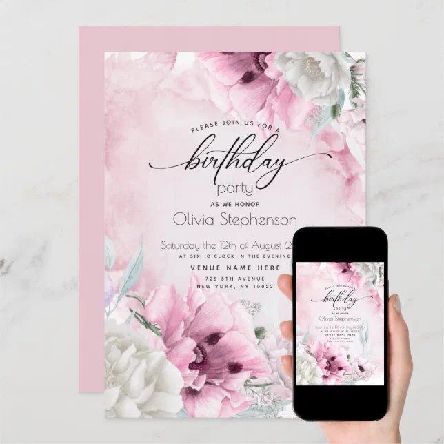Watercolor Pink Poppy Birthday Party Invitation | Zazzle