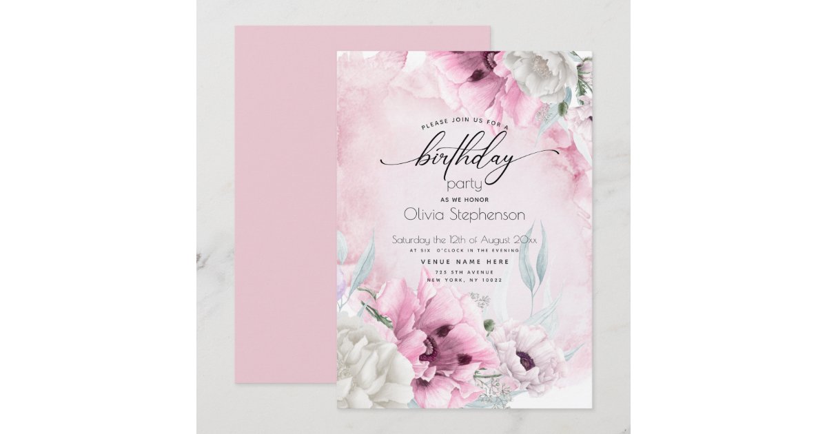 Watercolor Pink Poppy Birthday Party Invitation | Zazzle