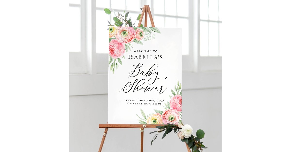 Watercolor Pink Ranunculus Baby Shower Welcome Poster | Zazzle