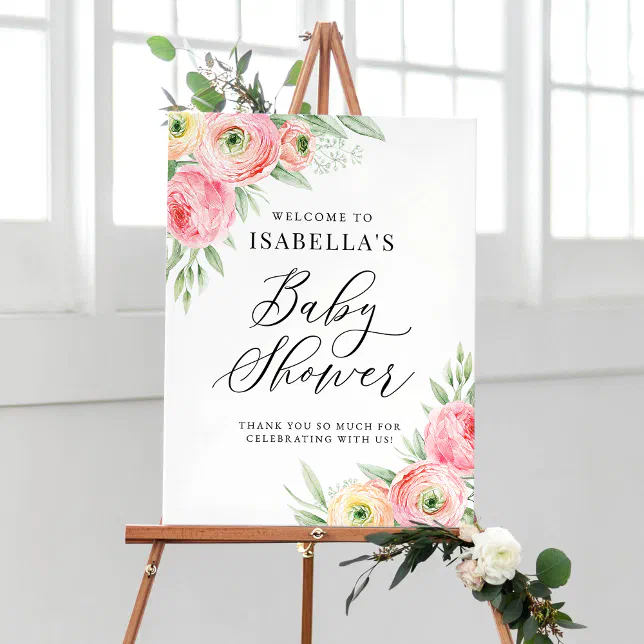 Watercolor Pink Ranunculus Baby Shower Welcome Poster | Zazzle