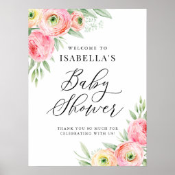 Watercolor Pink Ranunculus Baby Shower Welcome Poster | Zazzle
