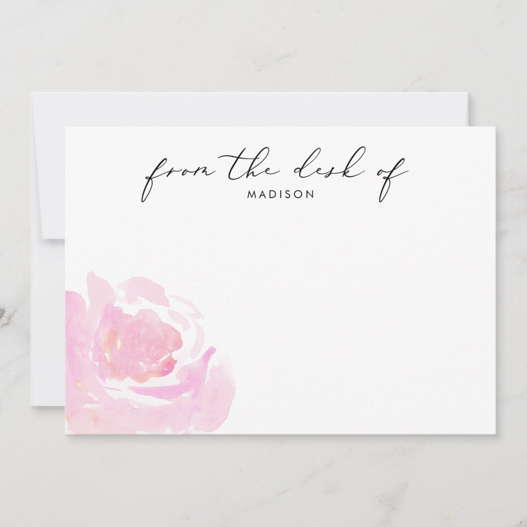 Watercolor Pink Rose Calligraphy Note Card | Zazzle