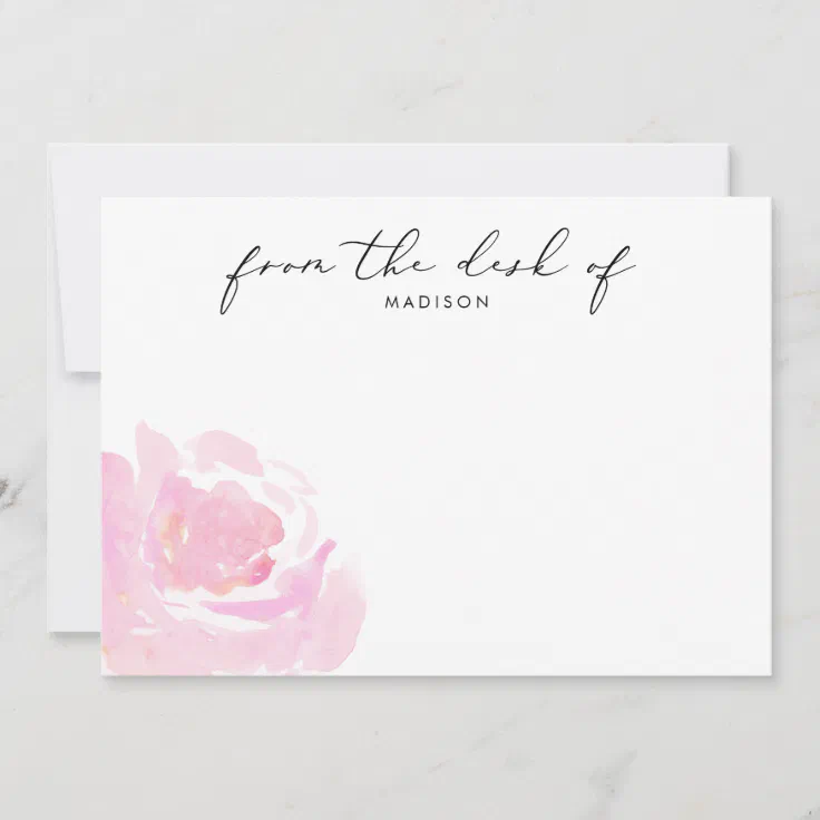 Watercolor Pink Rose Calligraphy Note Card | Zazzle