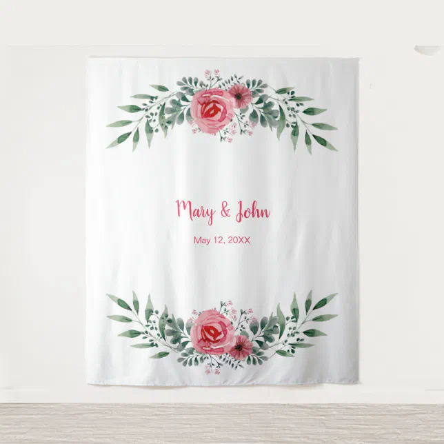 Watercolor Pink Rose Greenery Foliage Wedding Tapestry | Zazzle