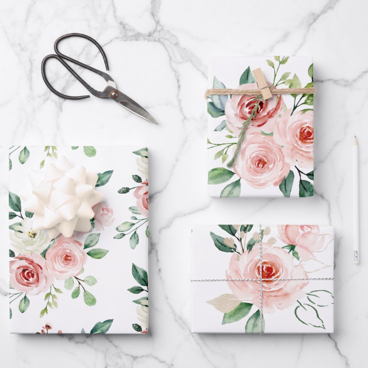 Watercolor Pink Rose Set of 3 Wrapping Sheets | Zazzle
