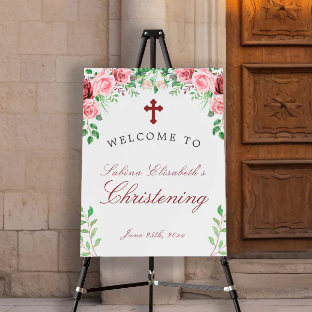 Watercolor pink roses Christening welcome sign | Zazzle