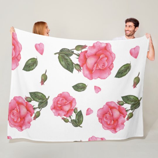 Watercolor Pink Roses Petals and Leaves Fleece Blanket | Zazzle.com