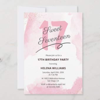 Watercolor Pink Sweet Seventeen 17th Birthday Invitation | Zazzle