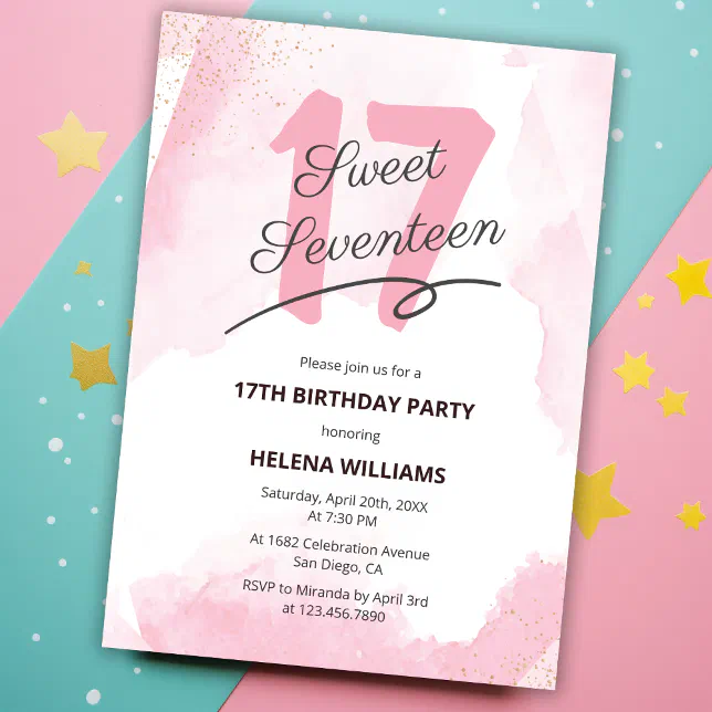 Watercolor Pink Sweet Seventeen 17th Birthday Invitation | Zazzle