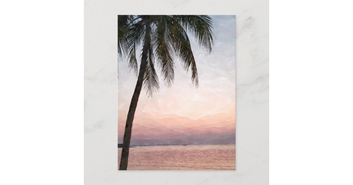 Watercolor Pink Tropical Beach Sunset Postcard | Zazzle
