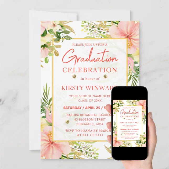 Watercolor Pink Tropical Flowers Graduation Invitation | Zazzle
