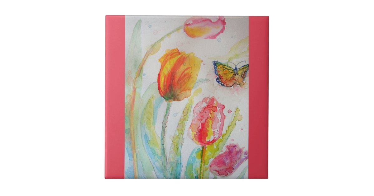 Watercolor Pink Tulip Floral flower Ceramic Tile | Zazzle