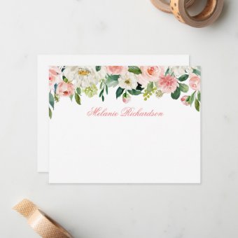 Watercolor Pink White Floral Personalized Note Card | Zazzle