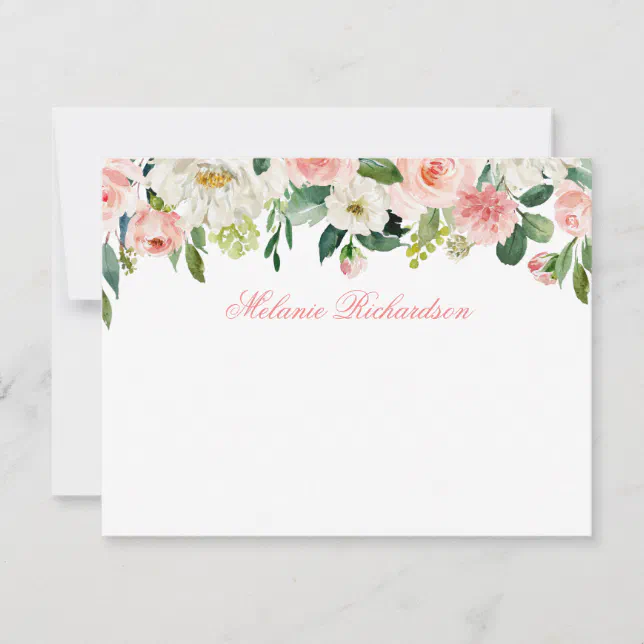 Watercolor Pink White Floral Personalized Note Card | Zazzle
