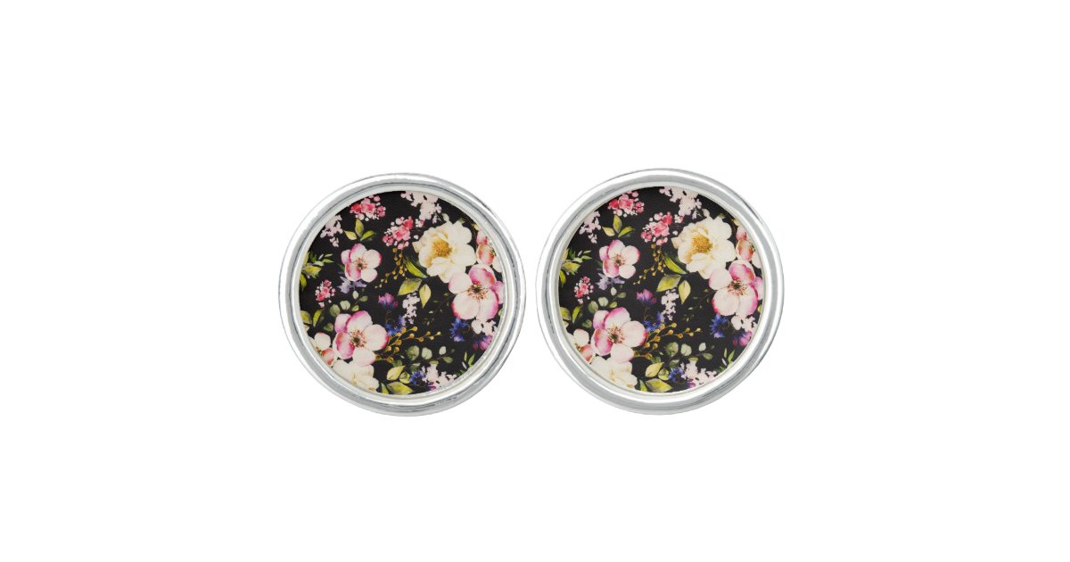Watercolor Pink Yellow Roses Black Background Cufflinks | Zazzle