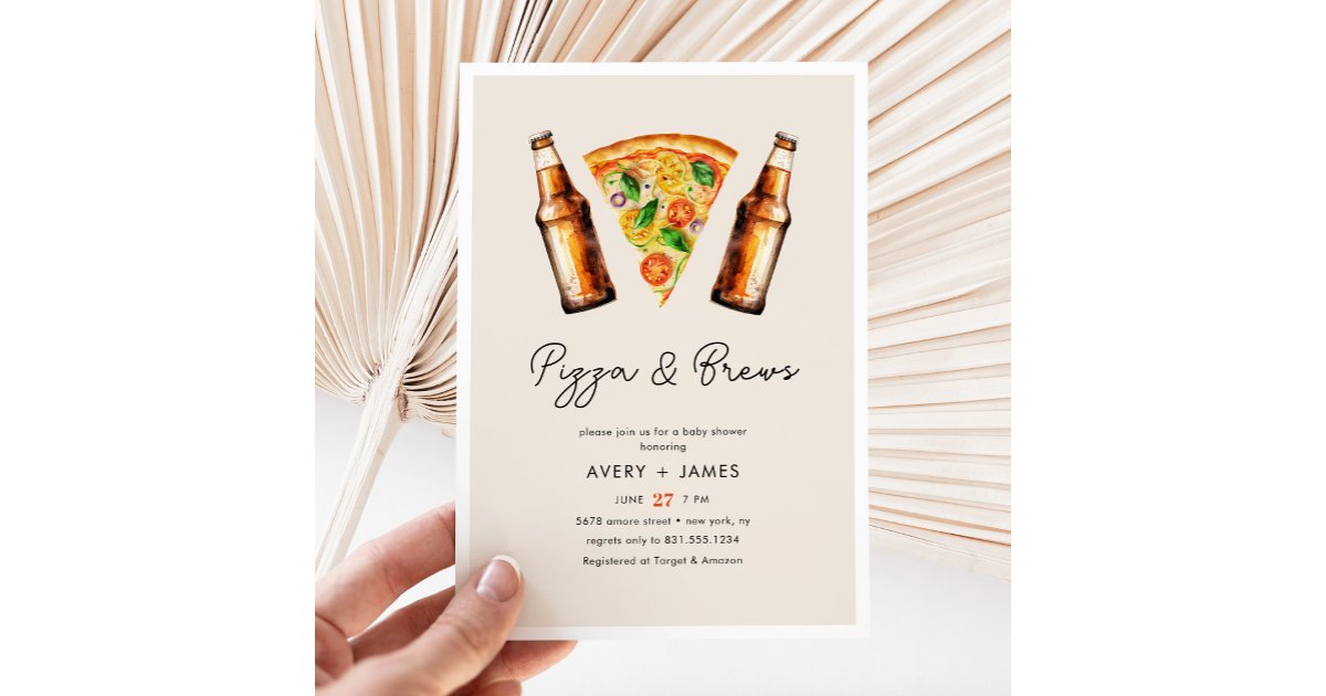 Watercolor Pizza and Brews Co Ed Baby Shower Invitation | Zazzle