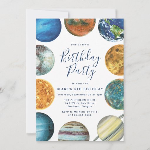 Watercolor Planets Solar System Birthday Party Invitation | Zazzle