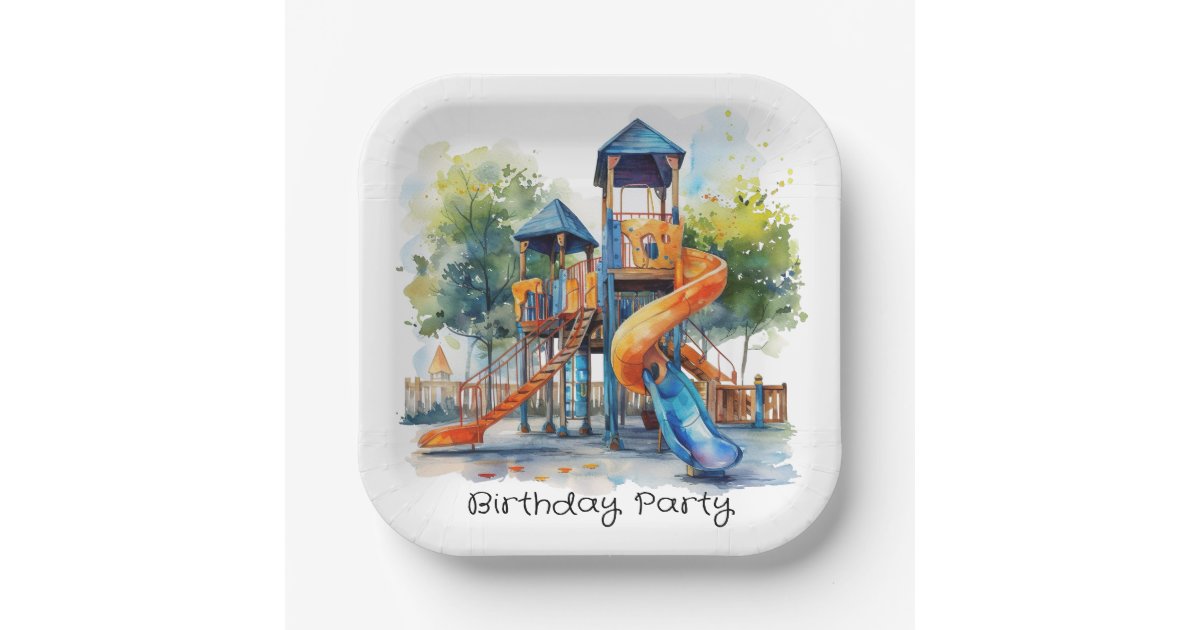 Watercolor Playground Park Kid's Birthday Party Paper Plates | Zazzle