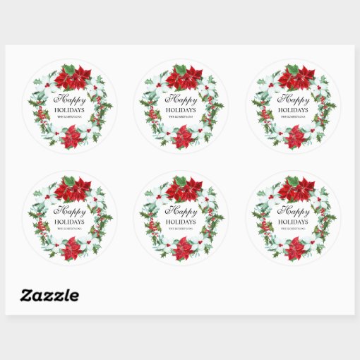Watercolor Poinsettia and Holly | Happy Holidays Classic Round Sticker ...