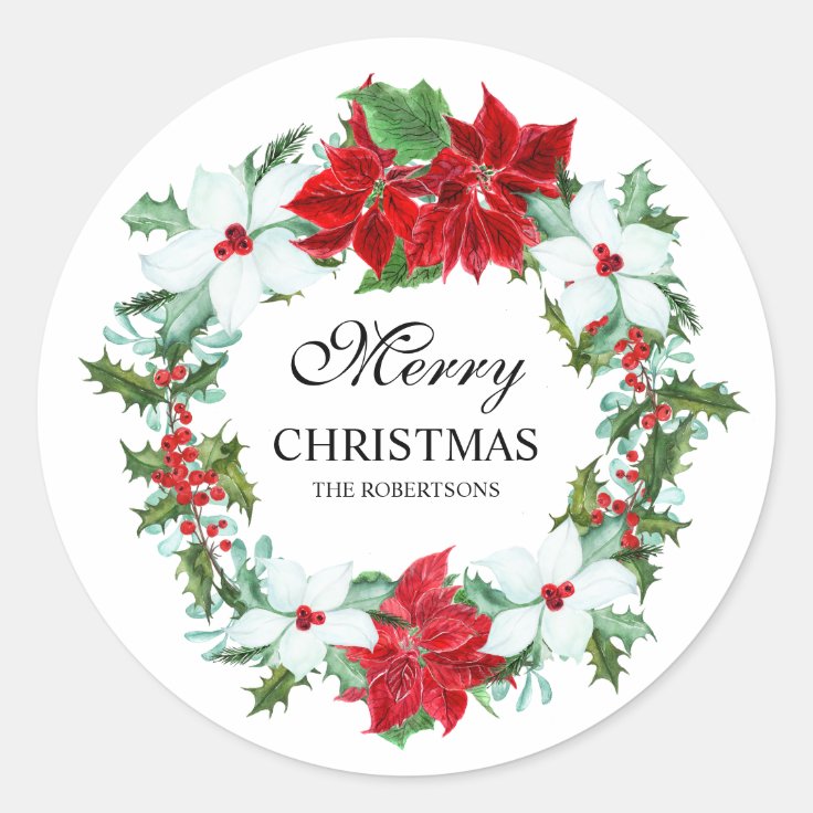 Watercolor Poinsettia and Holly | Merry Christmas Classic Round Sticker ...