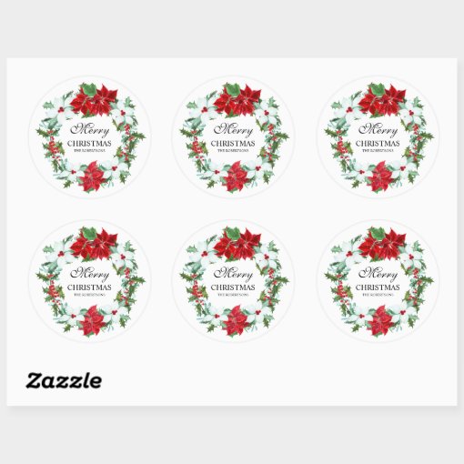 Watercolor Poinsettia and Holly | Merry Christmas Classic Round Sticker ...